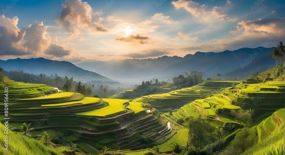 Southeast Asian rice terraces seen from a mountaintop in a panoramic ...