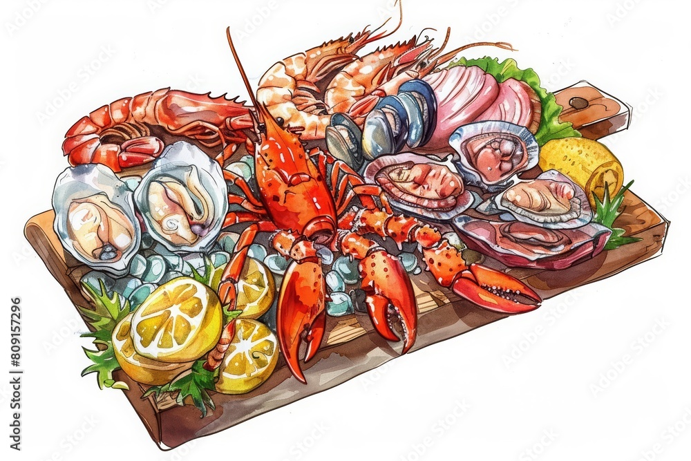 A cute drawing of gourmet seafood, styled as if plucked from the ocean ...