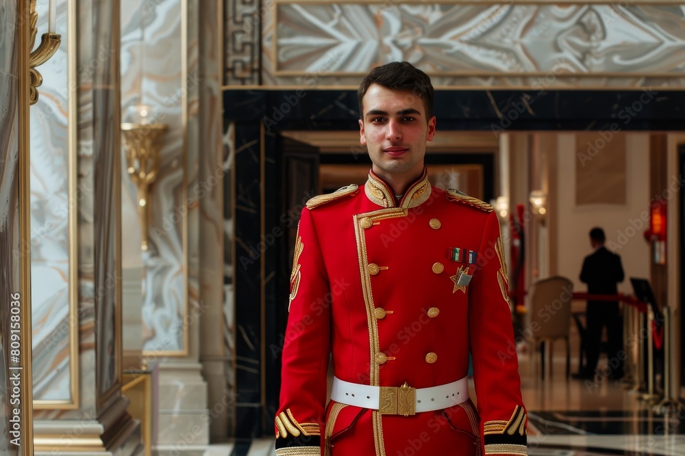 Bellhop in red uniform standing by entrance in an elegant room, A ...