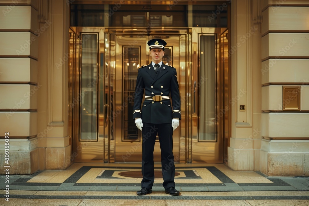 A bellhop in uniform standing in front of the entrance to a luxurious ...