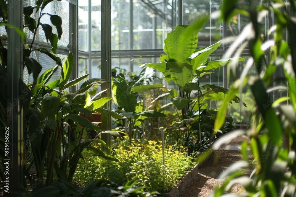 A bioengineered greenhouse bursting with various green plants and ...
