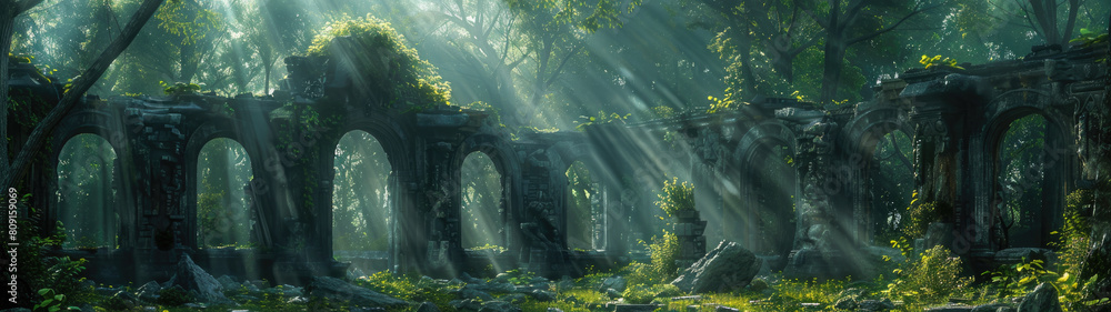 The realm of a lost fairy tale kingdom, where ancient ruins exude a ...