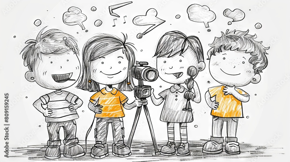 Four happy children playing together, drawing, and taking pictures ...