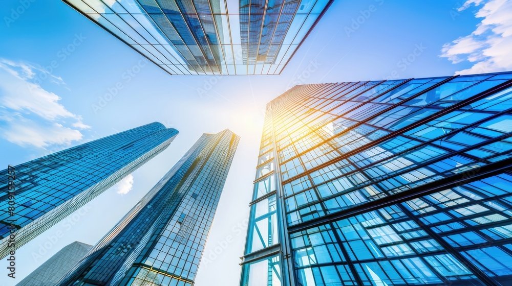 skyscrapers in the cityscape from a ground-level perspective, against ...