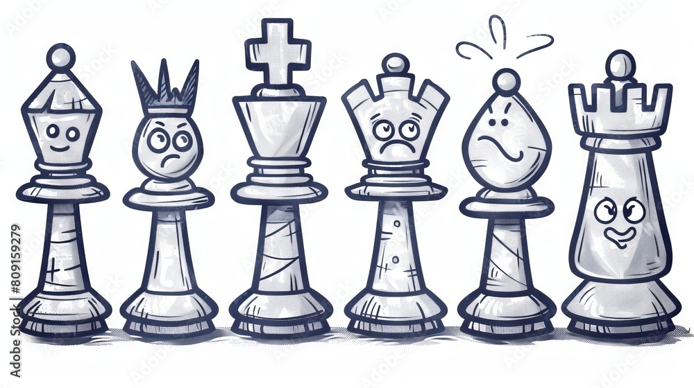 Funny cartoon chess pieces. King, queen, bishop, knight, rook, and pawn ...