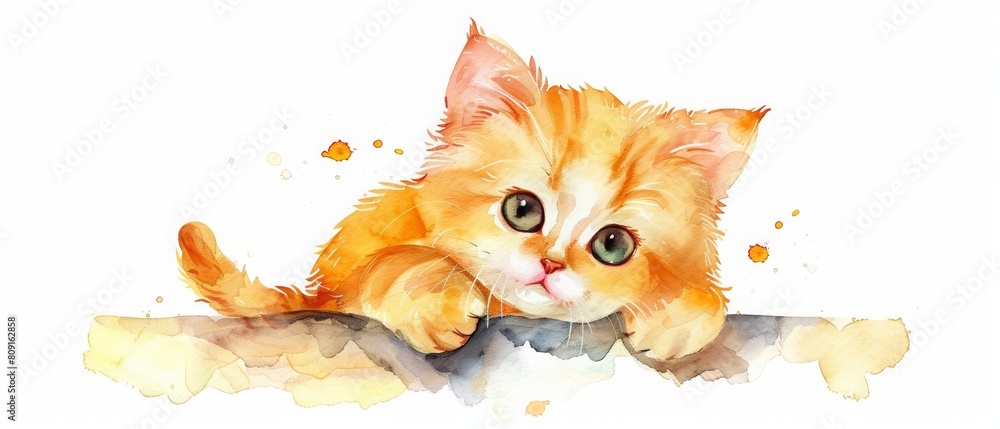 Cute watercolor of a playful kitten, rendered in kawaii styles, Simple ...