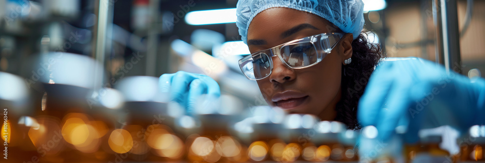 Black woman examining medicine vial bottles in pharmaceutical lab ...