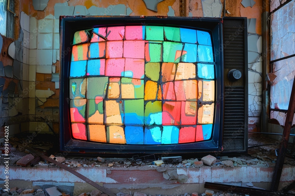 Old television set displaying a vibrant multicolored pixelated pattern ...