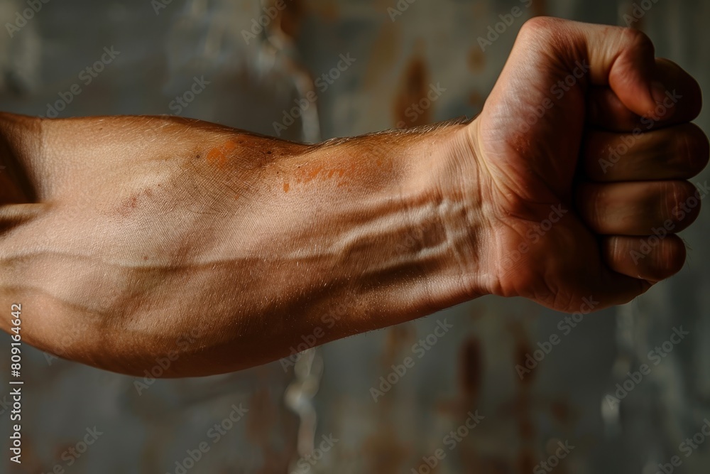 A detailed view of a mans arm showing bruised and swollen bicep muscles ...