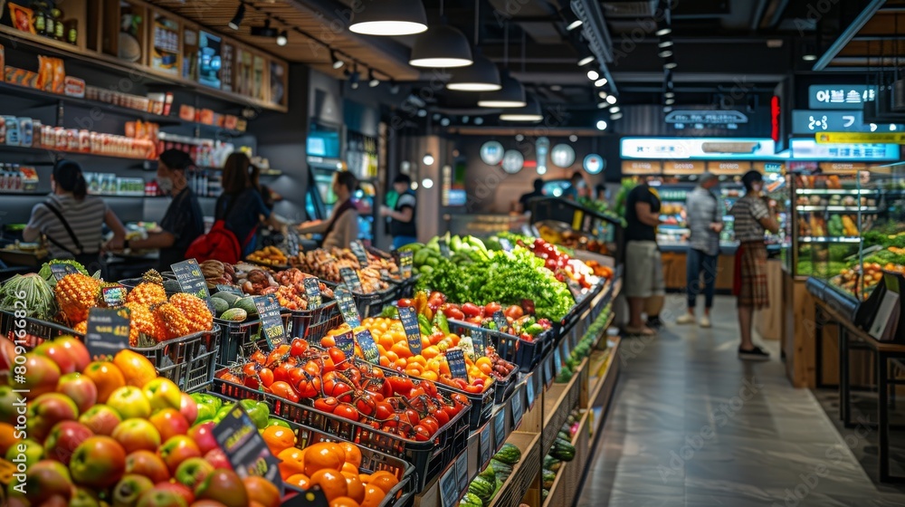 A busy grocery store with people shopping for produce Stock ...