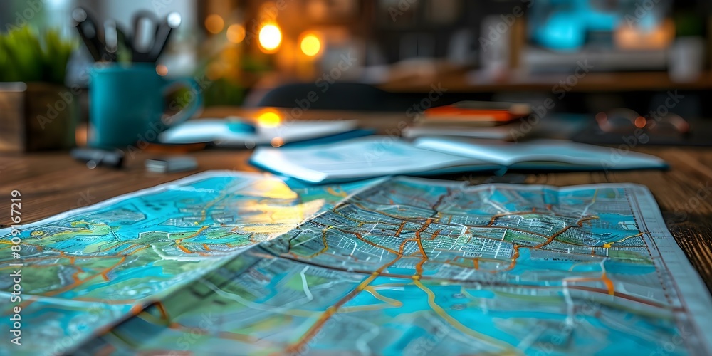 Closeup of urban planners desk with city maps and zoning documents ...