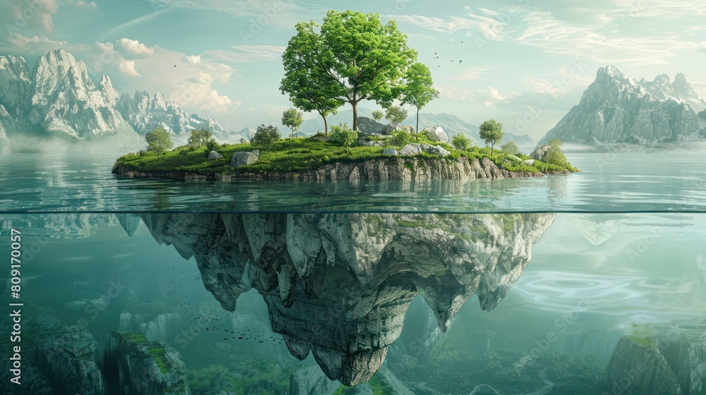 An island with a tree on it in the middle of the ocean. The water is ...