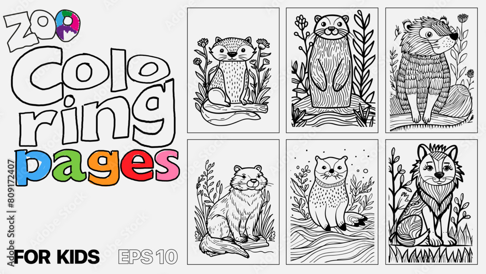 A set of six cat coloring pages for kids. The pages feature different ...
