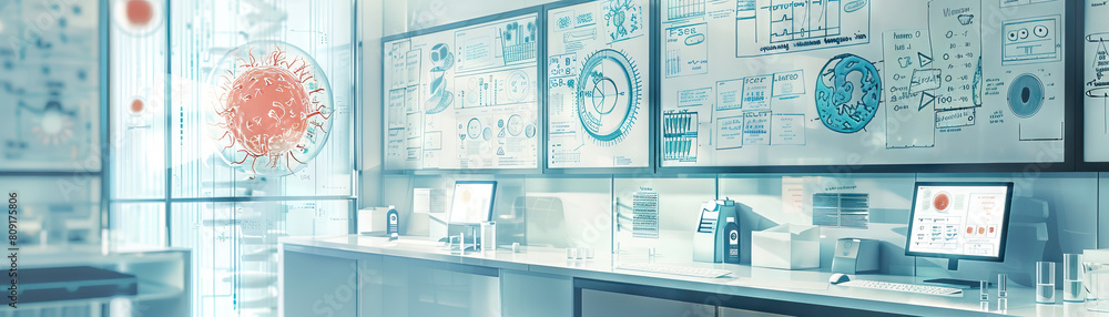 Biomedical Researcher's Lab Wall: Covered in cell biology diagrams ...
