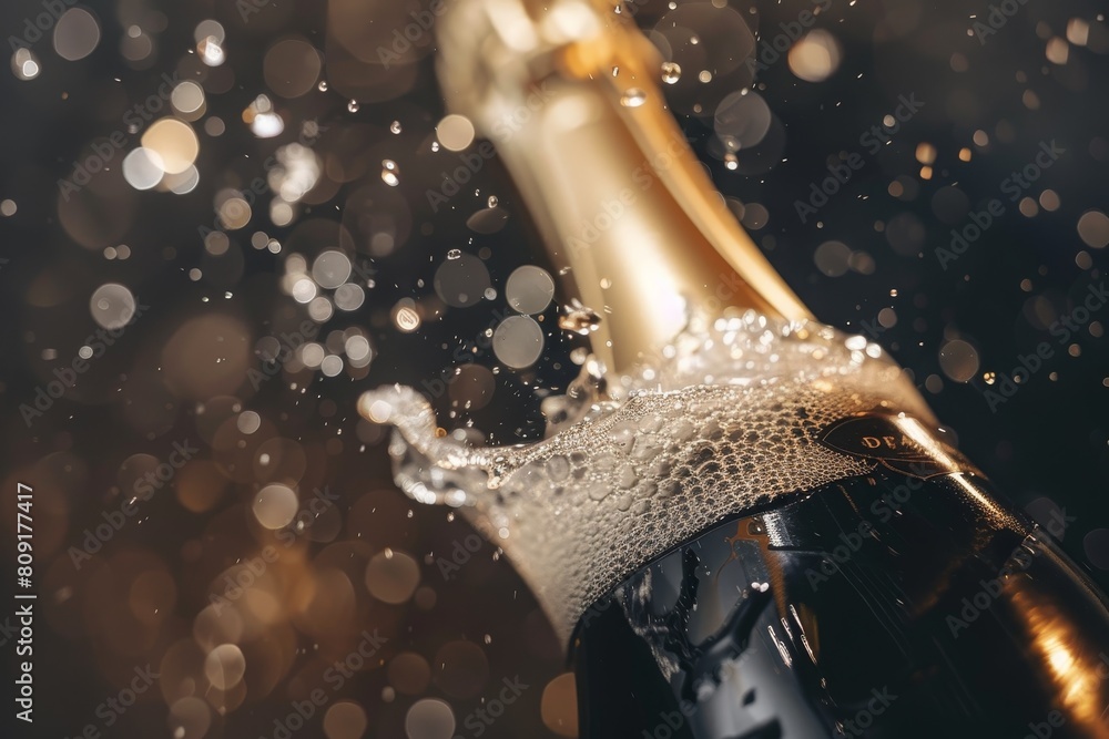 A detailed view of a champagne bottle with bubbles cascading out as it ...