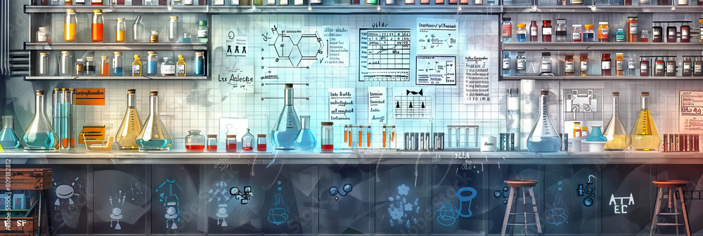 Chemist's Lab Wall: Covered in periodic tables, chemical structure ...