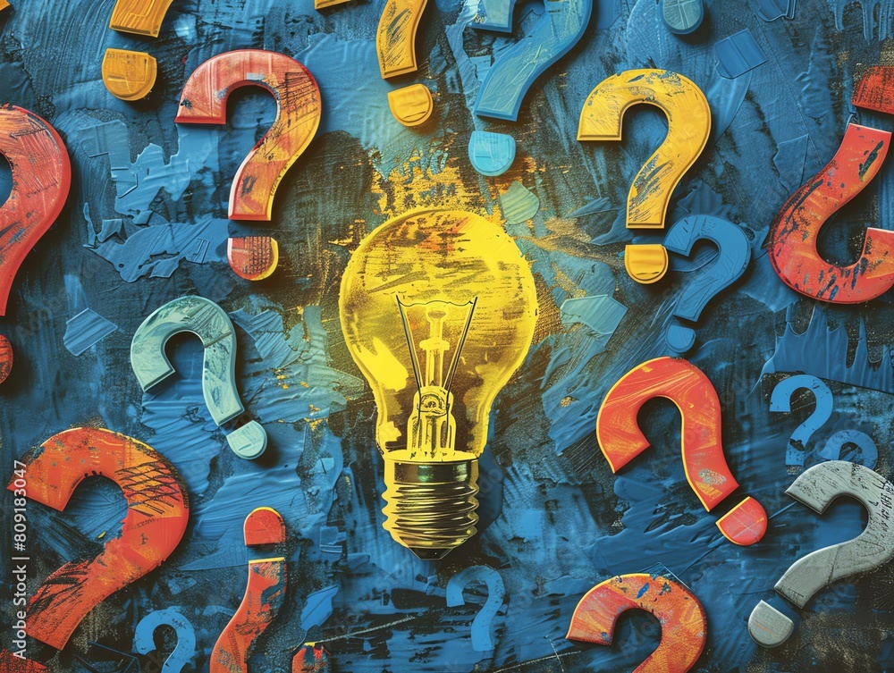 A whimsical design where small question marks are scattered around a ...