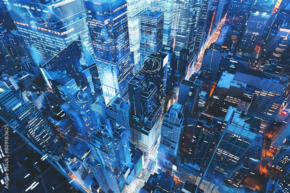 City lights illuminate the urban landscape in a birds eye view of a ...
