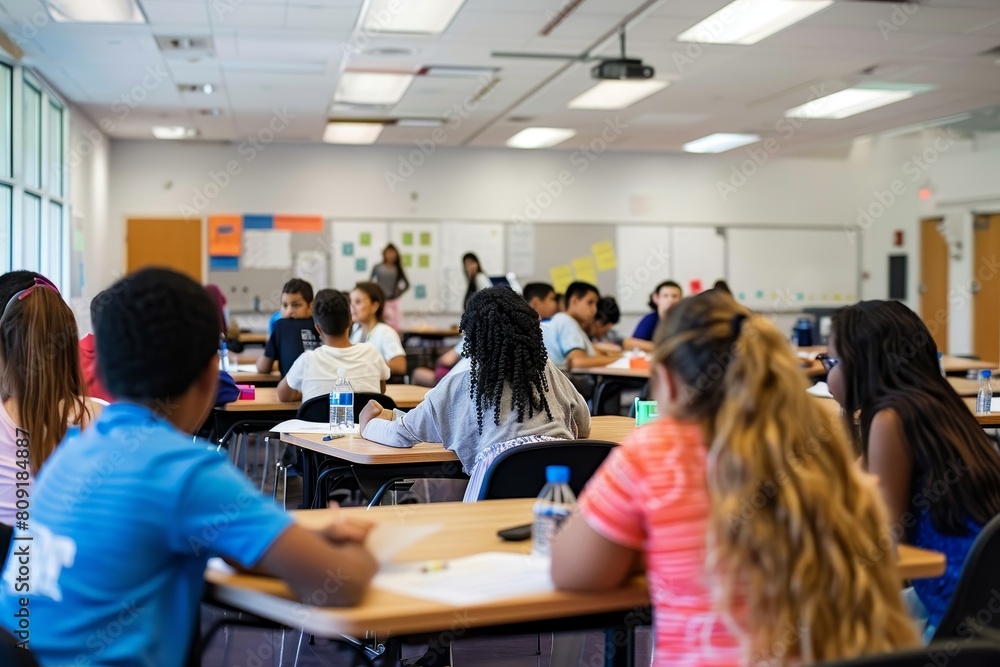 A group of diverse students are seated at desks in a classroom, engaged ...