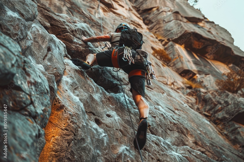 A man scaling a sheer rock face, muscles tense, as he climbs up the ...