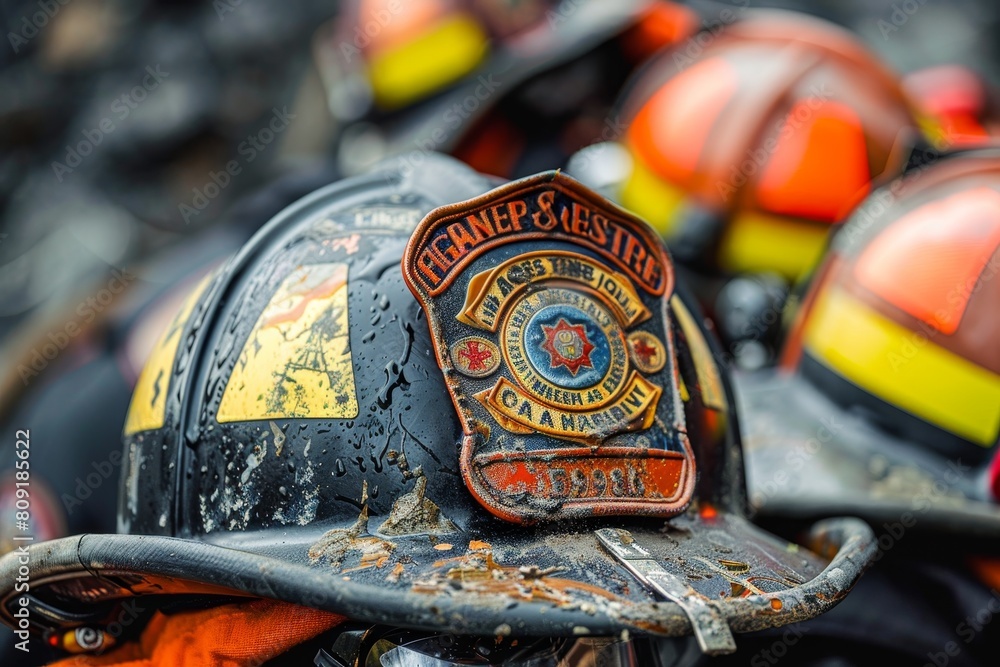 Detailed view of a firemans helmet placed on a motorcycle, showcasing ...