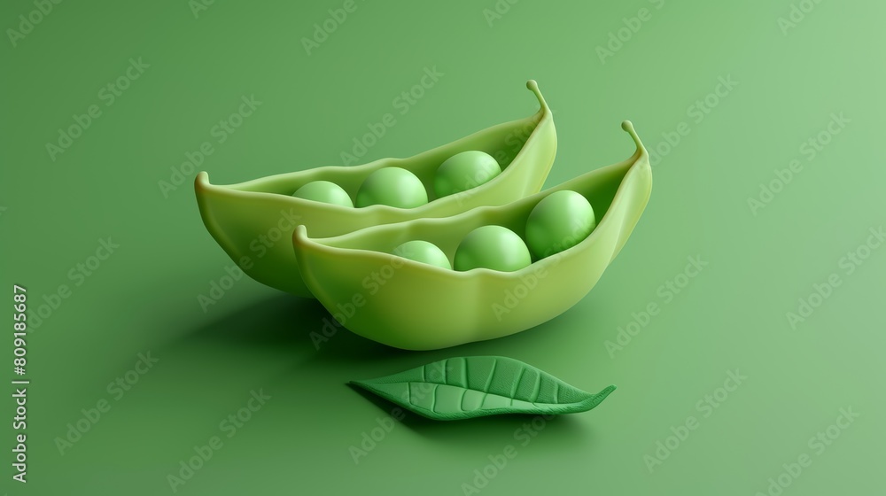 Realistic 3D pea pods with leaf on a green background. Detailed ...