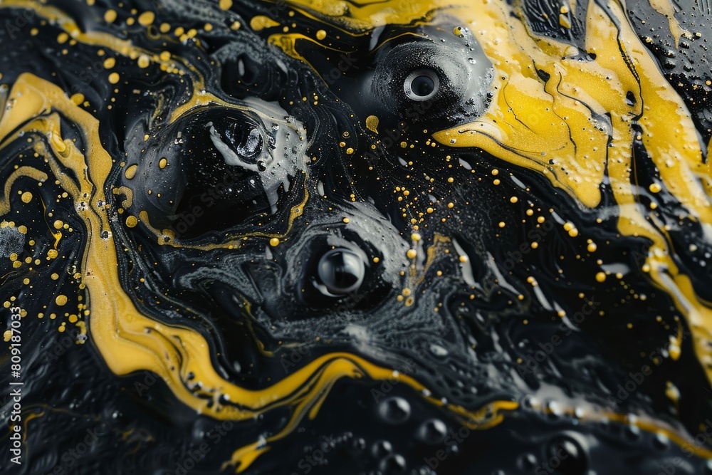Detailed view of bubbling yellow and black substance, A close-up of ...