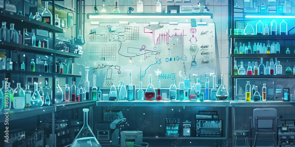 Scientist's Lab Wall: Covered in lab equipment, charts, and graphs ...