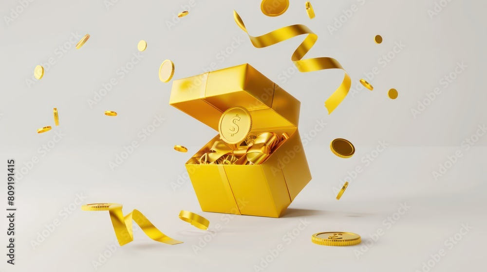 3D Open gift box with floating gold coin and serpentine ribbon. Cash ...