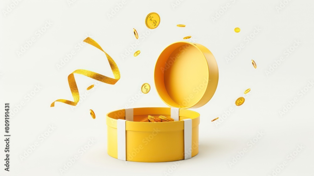 3D Open gift box with floating gold coin and serpentine ribbon. Cash ...