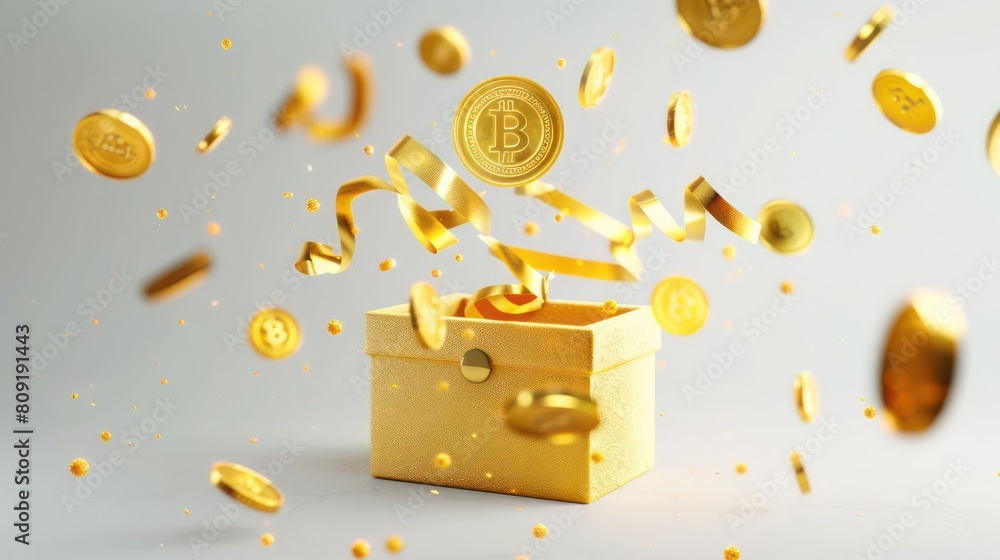 3D Open gift box with floating gold coin and serpentine ribbon. Cash ...