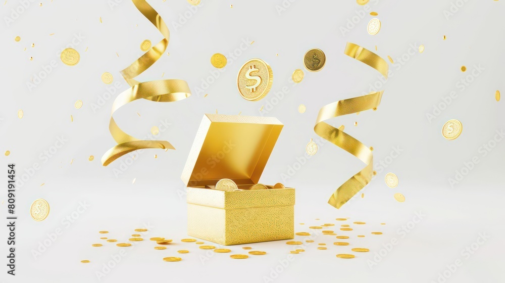 3D Open gift box with floating gold coin and serpentine ribbon. Cash ...