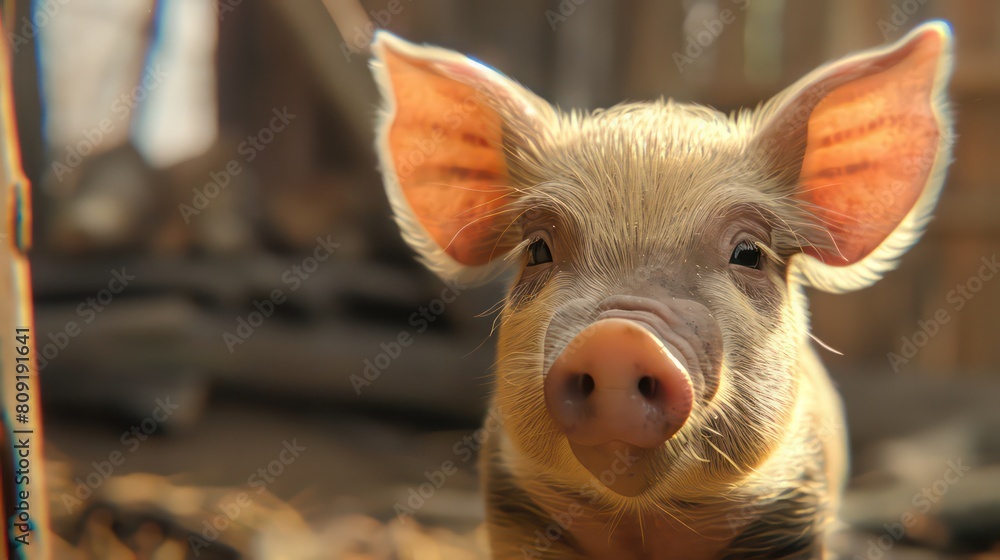 Cutie and funny young pig is standing on the green grass. Happy piglet ...