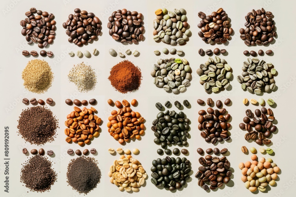 Various types of coffee beans from around the world displayed together ...