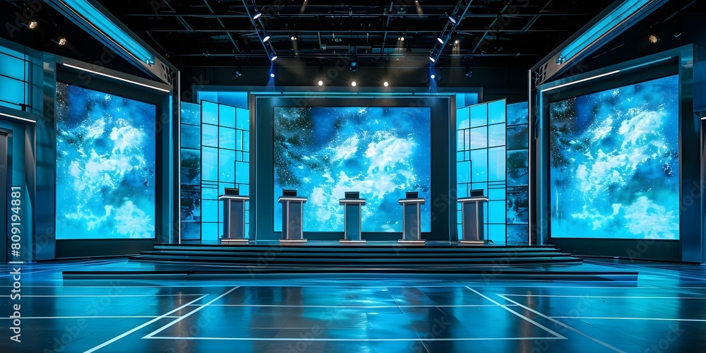 ภาพประกอบสต็อก Game show set with boardroomstyle conference table ...