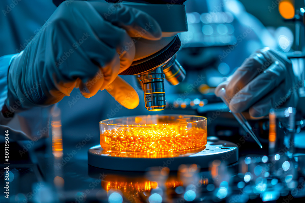 Innovative Biotech Research: Scientist Examining Petri Dish Sample ...