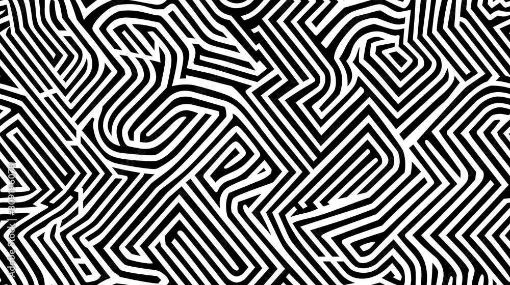 Black and White Abstract Geometric Pattern, Maze-Like Lines, High ...