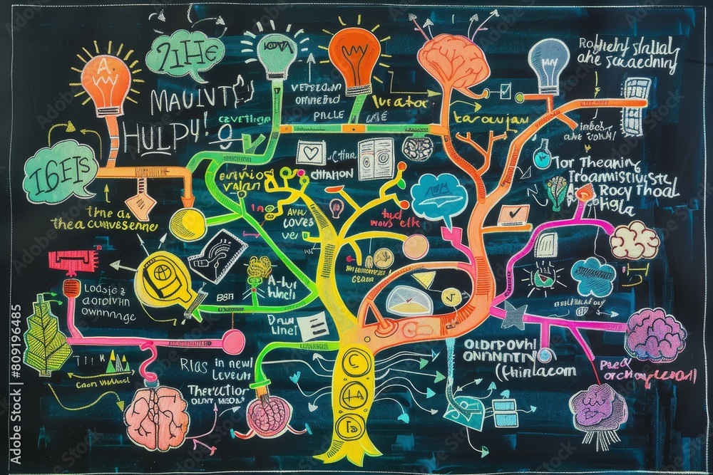 Chalkboard drawing illustrating a tree with interconnected ideas and ...