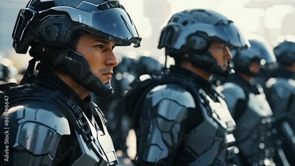 Close-up of a male soldier of future wearing a helmet and a futuristic ...