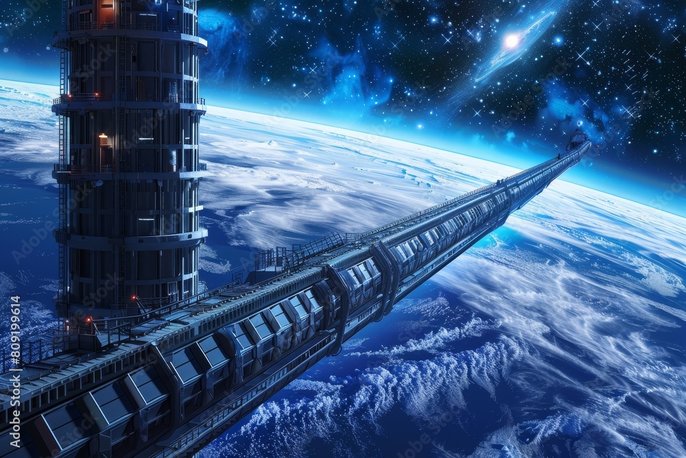 Illustration of a futuristic space station located in the center of the ...
