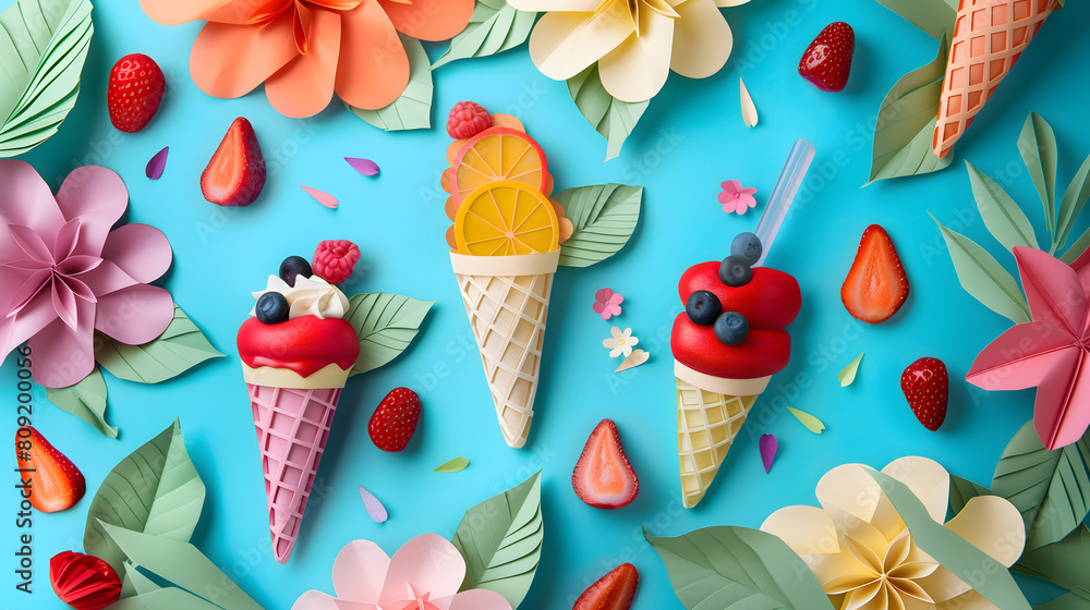 Papercut collage of fruits and ice cream cones on a light blue ...