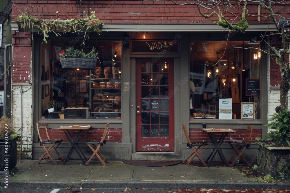A red brick building with outdoor tables and chairs set up for patrons ...