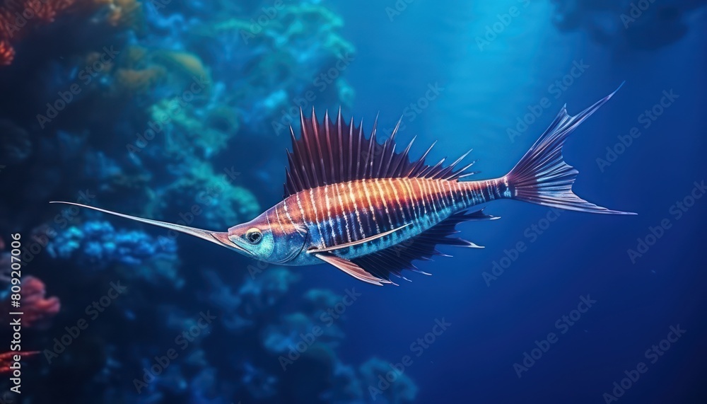 Ikan marlin besar di lautan biru, pemandangan hewan lautan yang memukau ...
