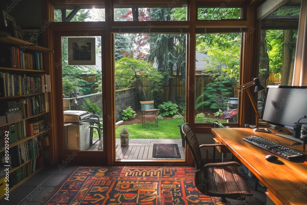 A room featuring a desk, computer, and bookshelf, creating a functional ...