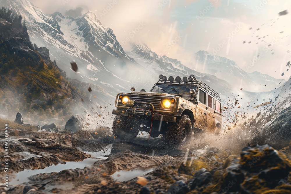 A dynamic and rugged off-road scene, featuring a powerful 4x4 vehicle ...