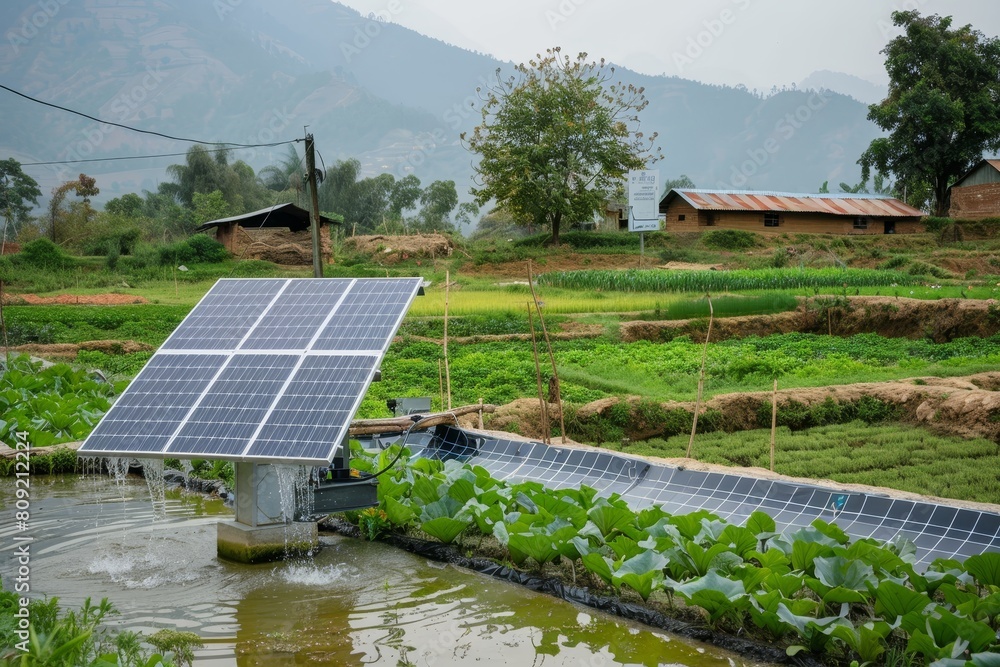 A small pond with a solar panel on top, providing power for pumps, A ...