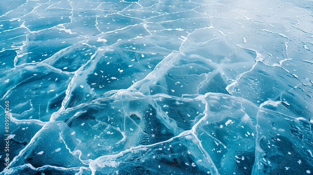 Jagged cracks dissect the surface of blue ice, creating a dramatic ...