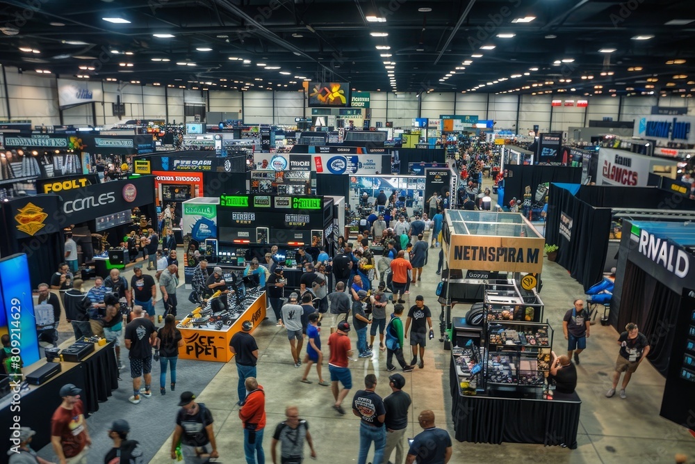 Many individuals standing around booths at a convention hall, A crowded trade show floor with ...