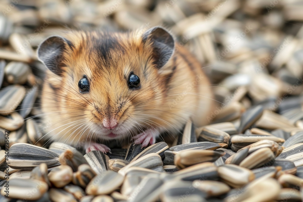 A hamster is seated in a pile of sunflower seeds, appearing curious and ...
