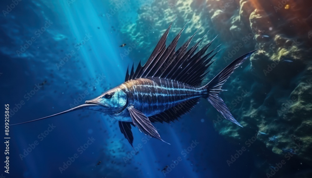 Ikan marlin besar di lautan biru, pemandangan hewan lautan yang memukau ...